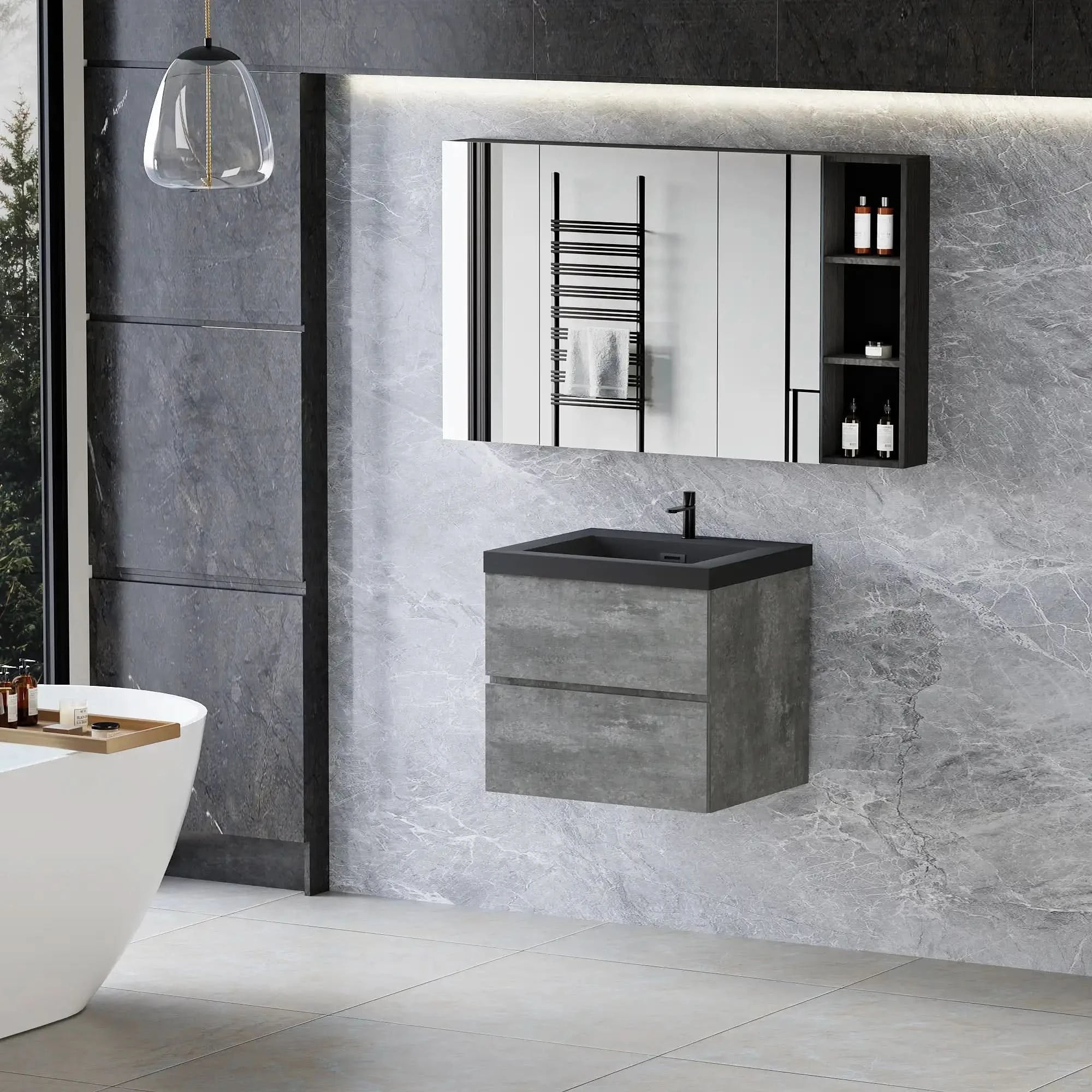 Floating Bathroom Vanity with Quartz Sand Basin and Soft Close Drawers ...